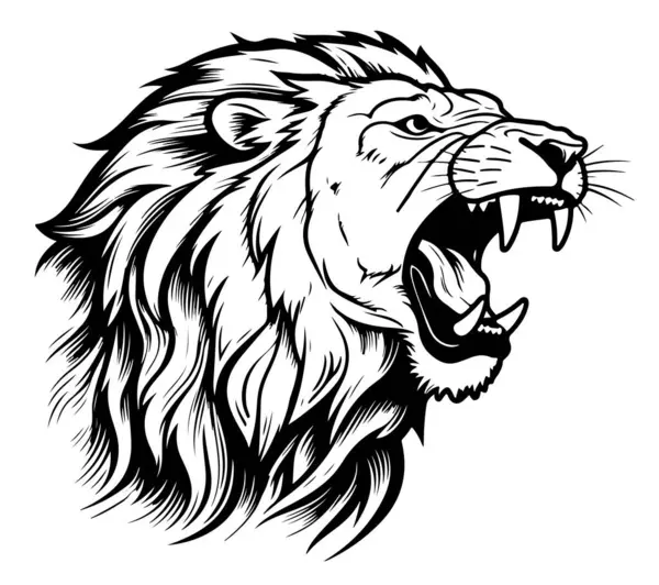 Cara de León rugiente. Retrato esquemático, gráfico, blanco y negro de ...