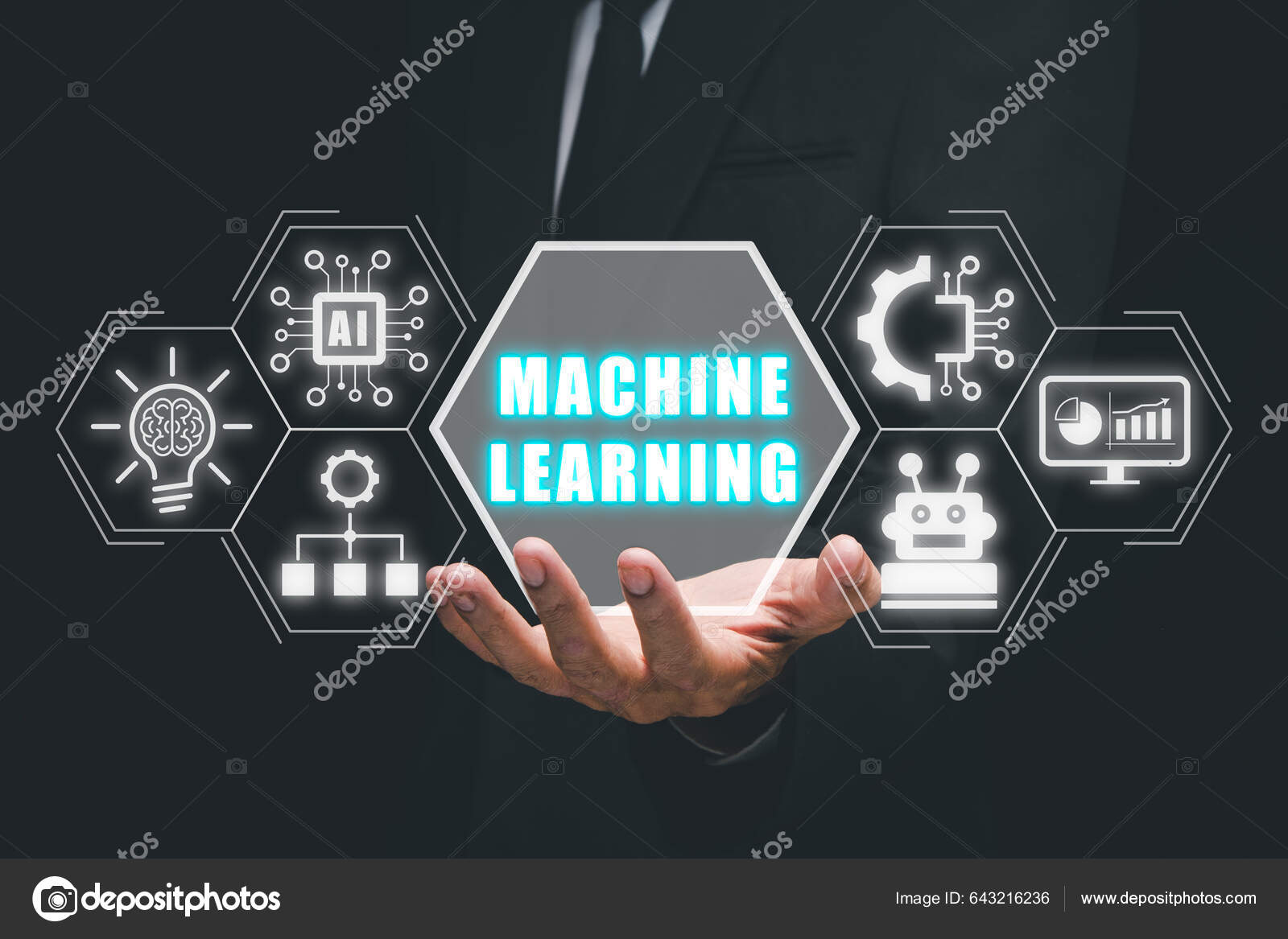 Machine Learning Concept Businessman Hand Holding Machine Learning Icon ...