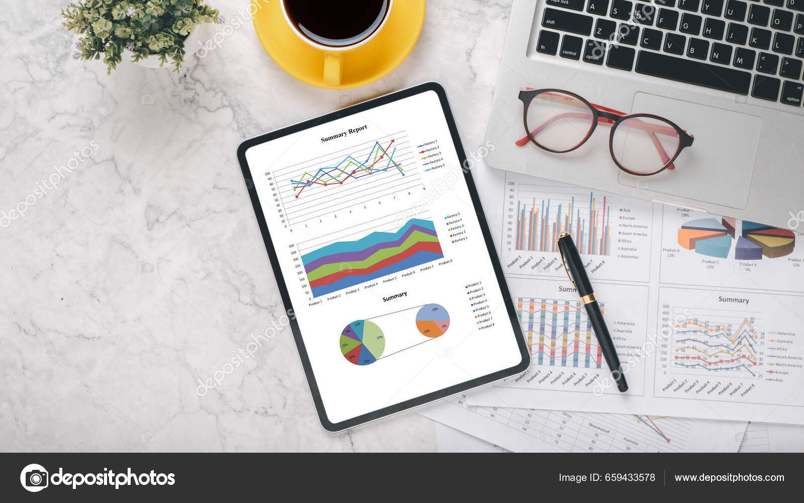 Tablet Charts Reports Office Desk Workplace Top View Flat Lay — Stock ...