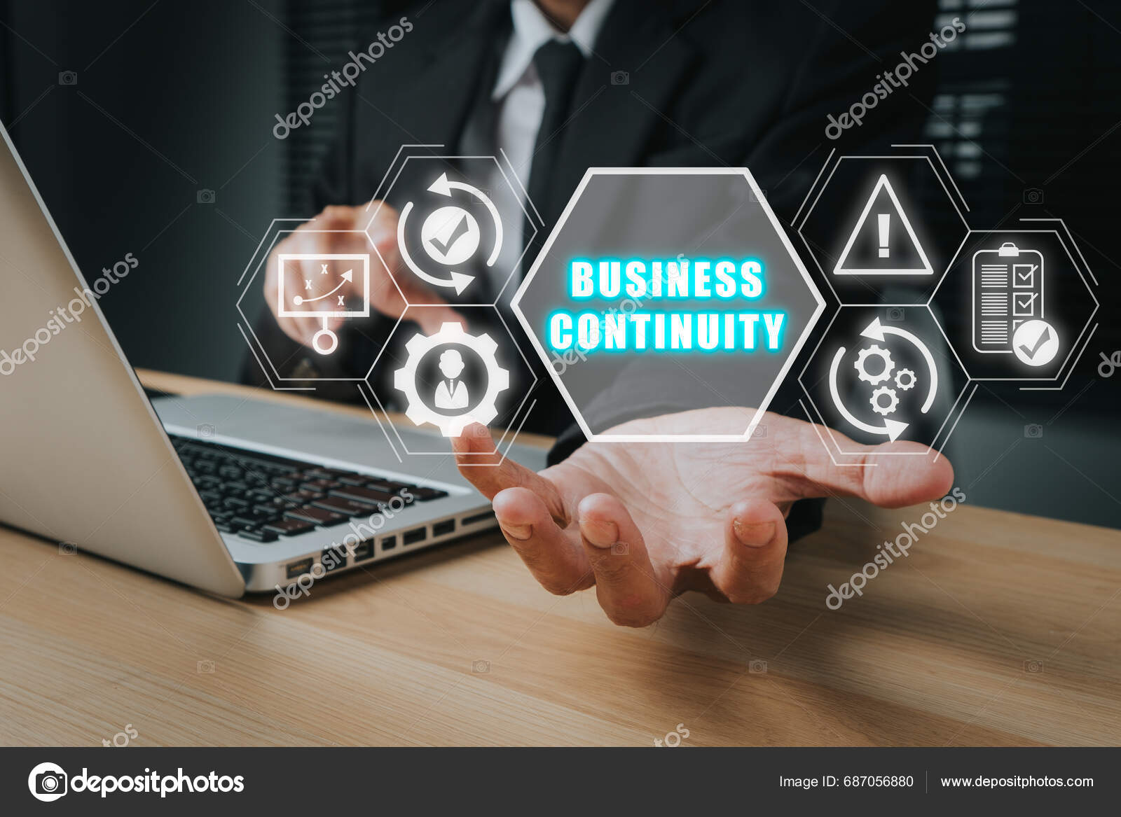 Business Continuity Concept Businessman Working Laptop Computer Hand ...