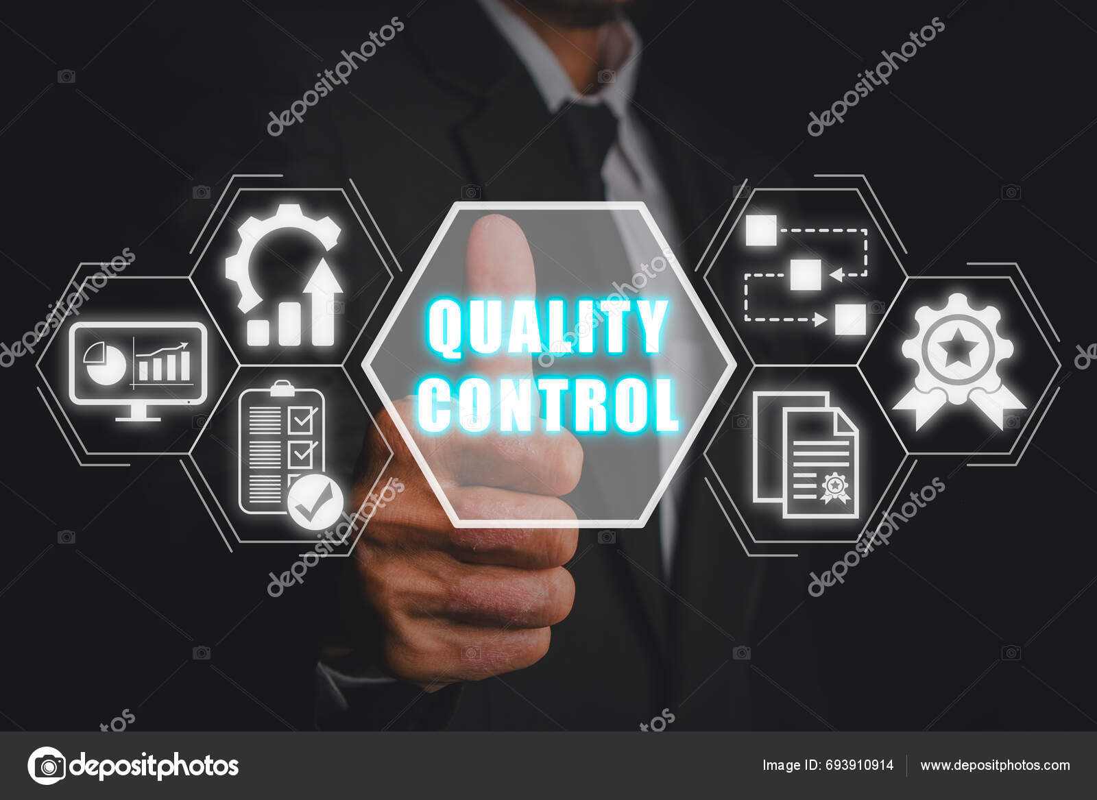 Quality Control Concept Businessman Hand Touching Quality Control Icon Virtual — Stock Photo ...