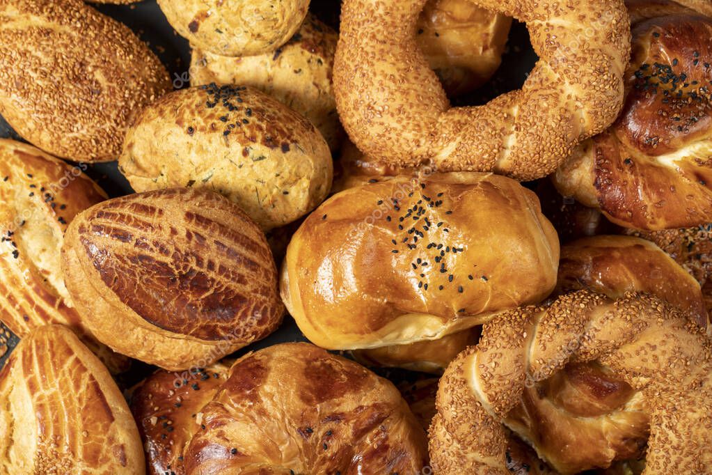 Bagel and pogaca varieties. They eat pastries in piles. Bakery products ...