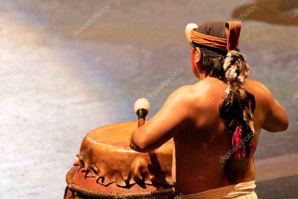Mayan musician, warrior and sorcerer preparing the Mayan ball game at ...