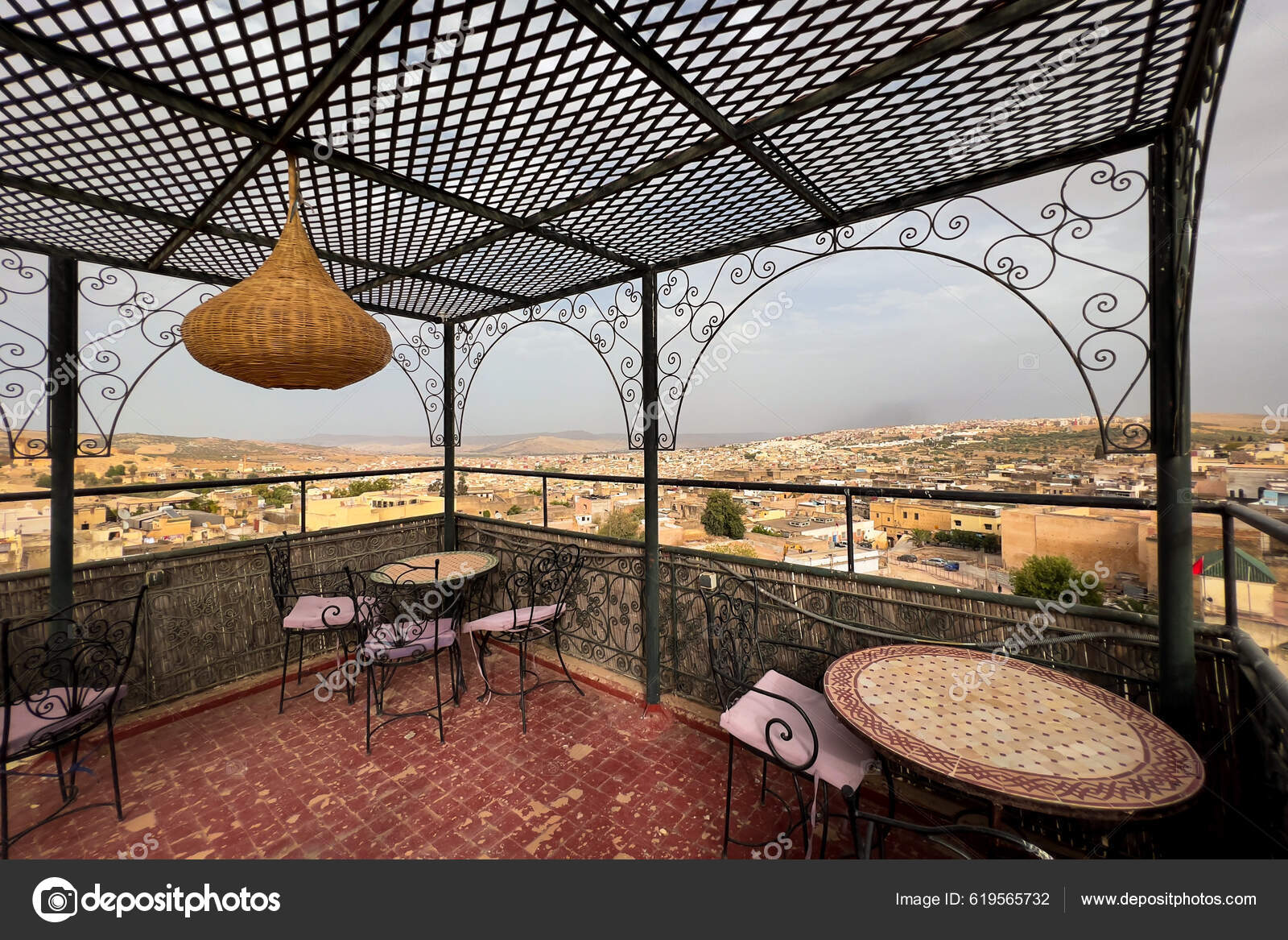 Wicker Lamp Hanging Rooftop Traditional Riad View Old Medina Fes ...