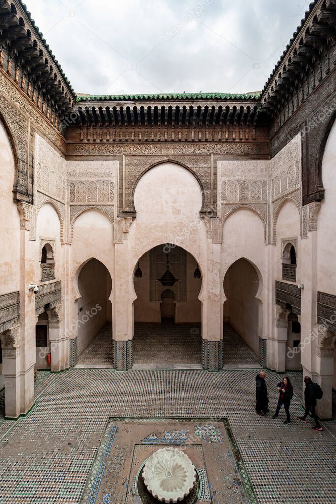The interior of Cherratine Madrasa in the old medina of Fez, Morocco 2023