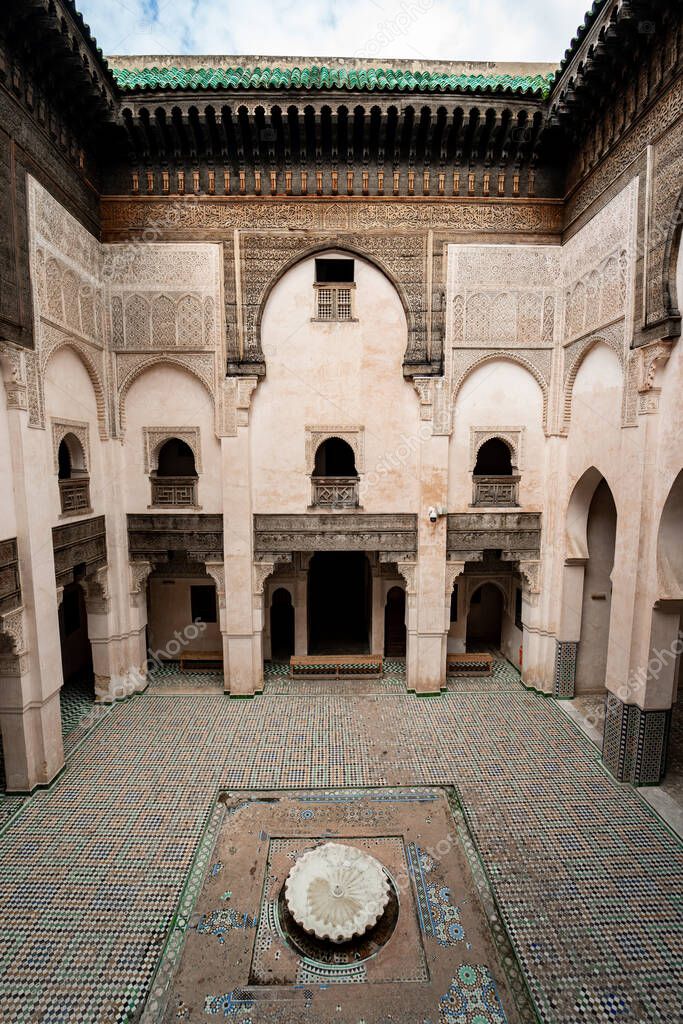 The interior of Cherratine Madrasa in the old medina of Fez, Morocco 2023