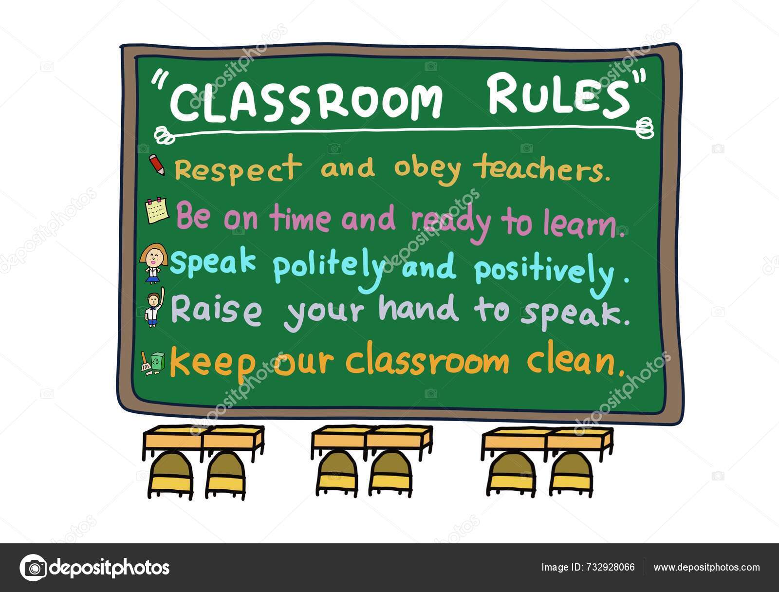 Hand Drawn Picture Classroom Rules Green Board Desks Chairs Handwritten ...
