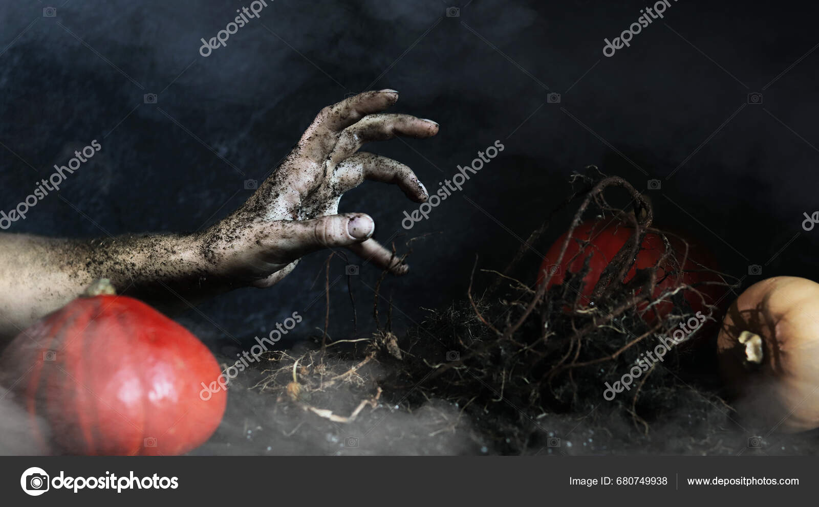 Happy Halloween Hand Stained Ground Reaches Roots Plants Pumpkins ...