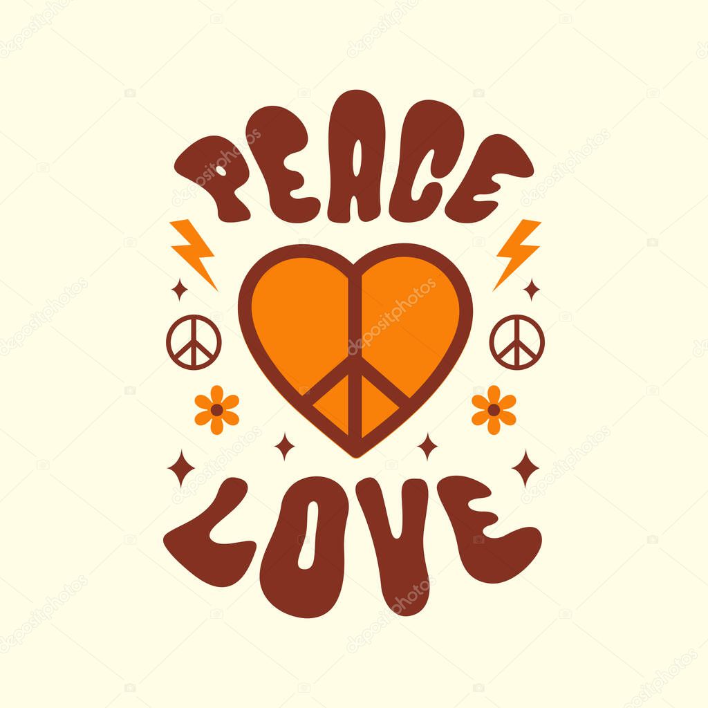 Peace Love ilustración vectorial con corazón y elementos hippies ...
