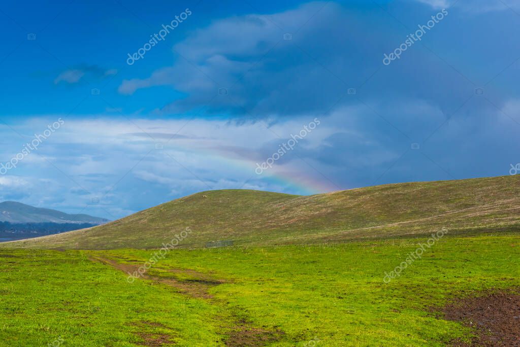 Panoramic view of a pasture at the Rush Ranch Open Space, Fairfield ...