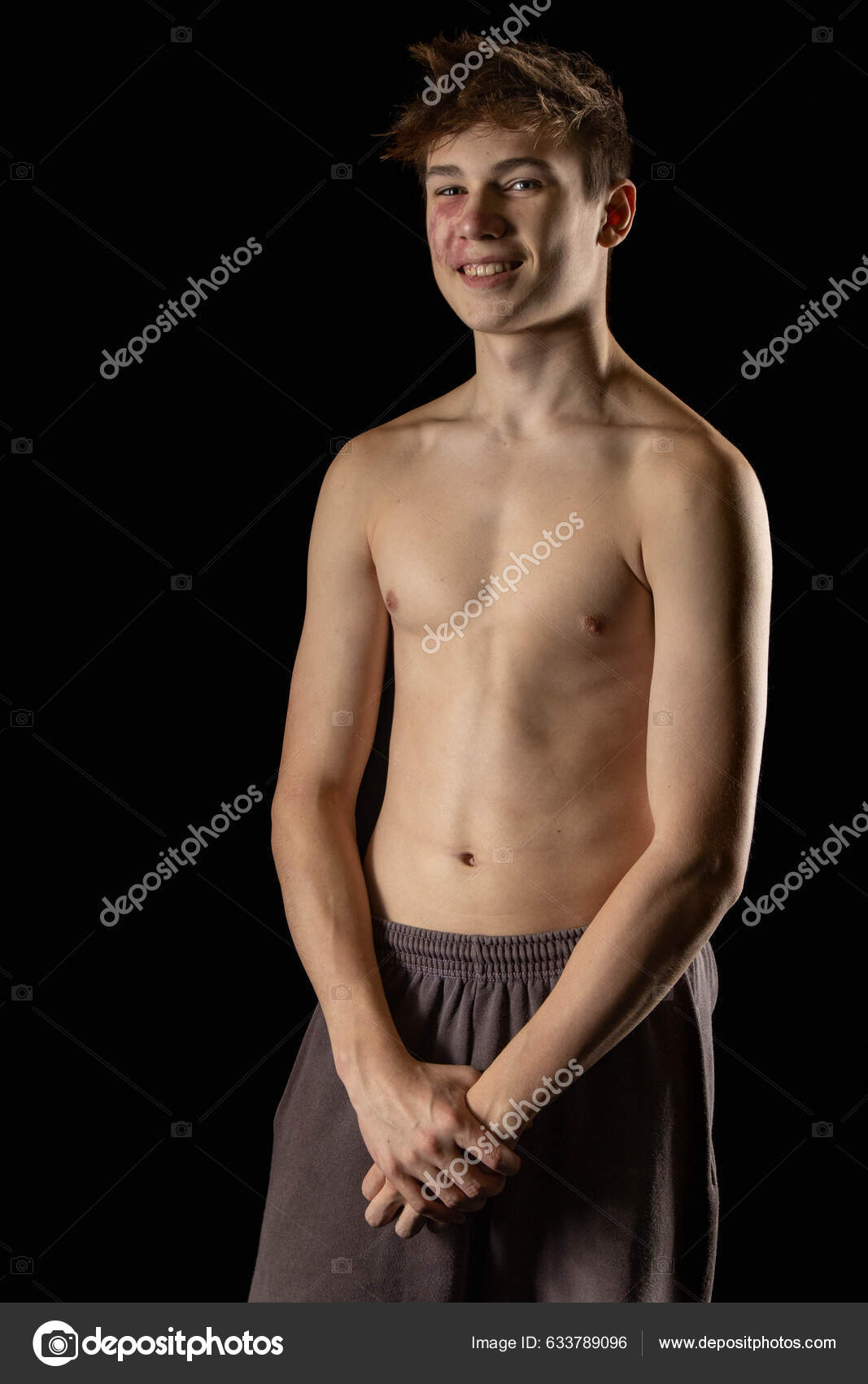 Portrait Year Old Shirtless Muscular Teenage Boy Black Background ...