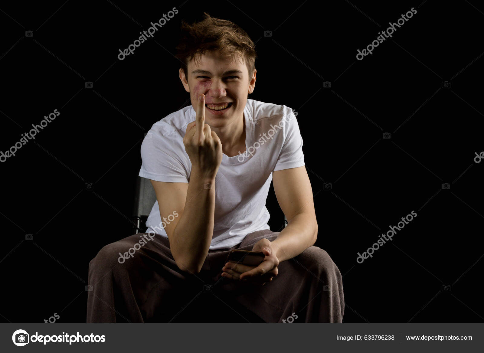 Sitting Year Old Teen Boy Making Rude Gesture His Middle Stock Photo by ...