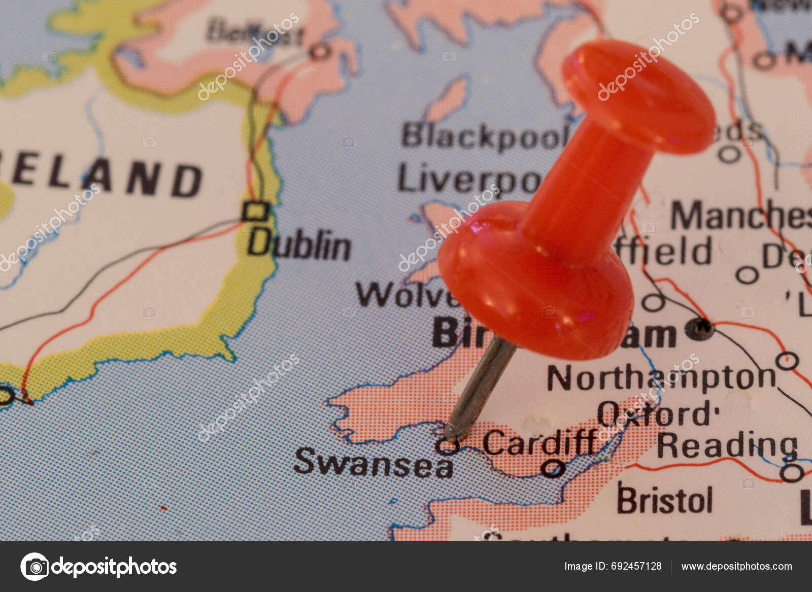 Red Pin Stuck Map Western Europe Pinpointing Location Swansea — Stock ...