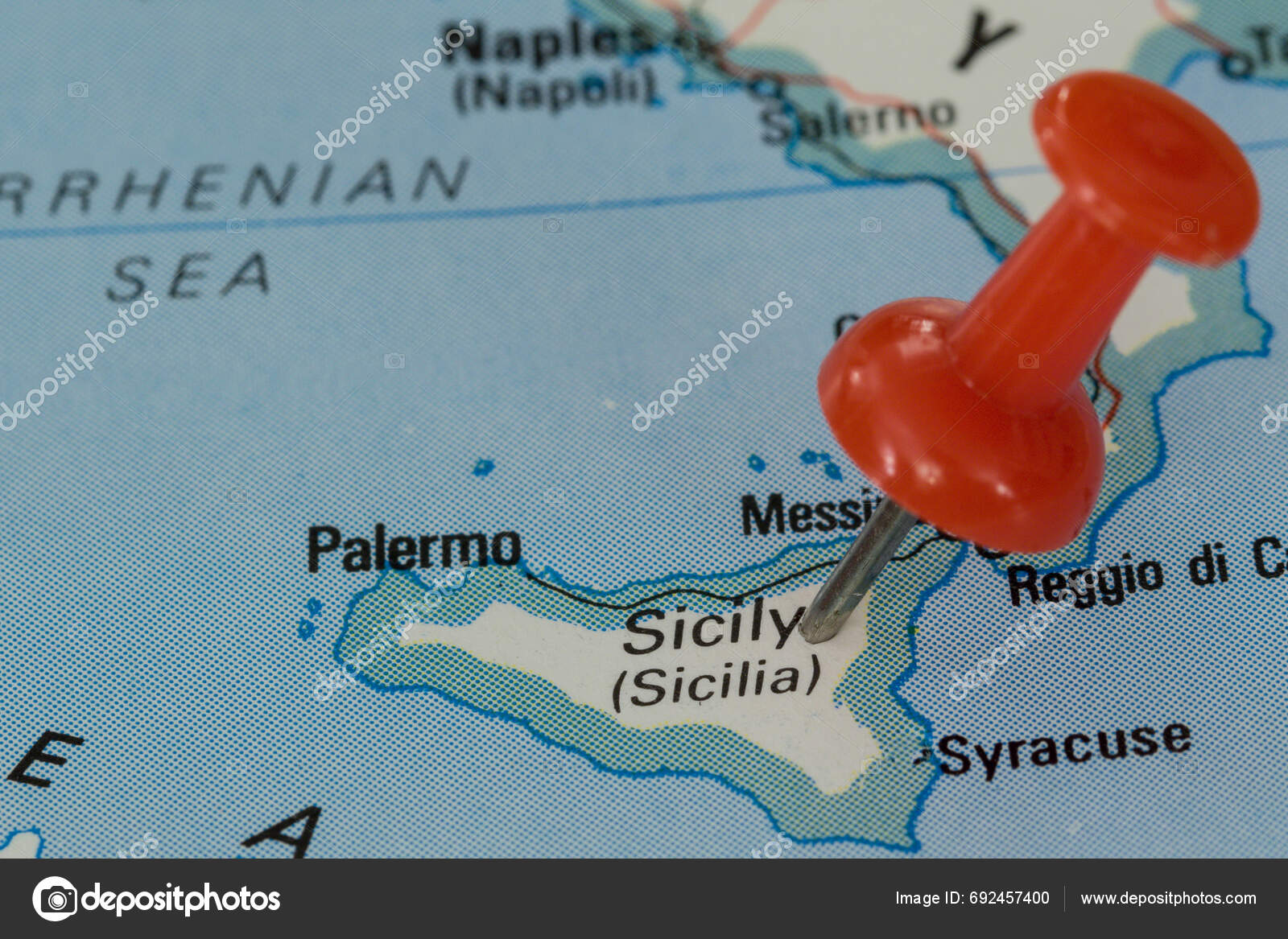 Red Pin Stuck Map Western Europe Pinpointing Location Sicily — Stock ...