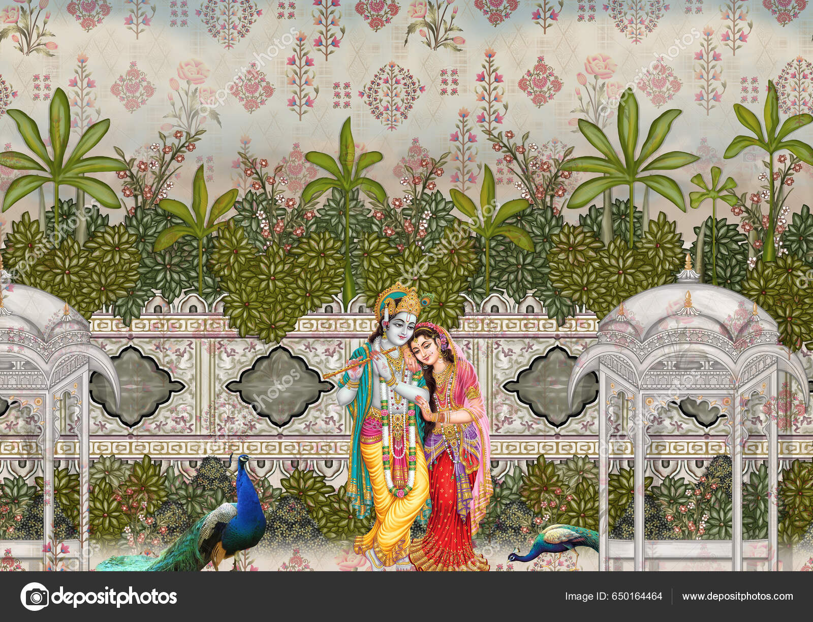 Indian Garden Background Tropical Trees God Radha Krishna Peacocks ...