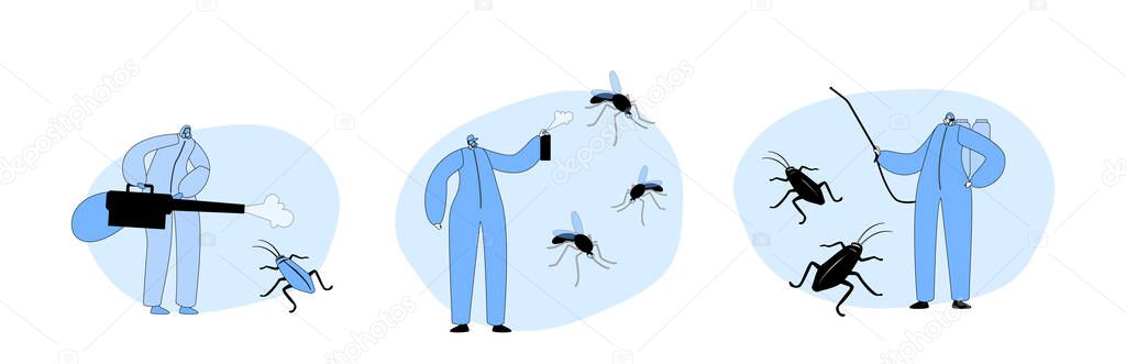 Conjunto de servicio profesional de control de plagas. Personajes en ...