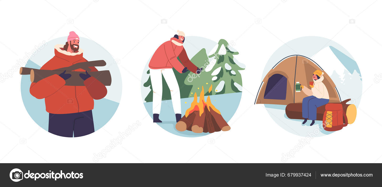 Isolated Icons Avatars Family Characters Winter Camping Cozy Campfire ...