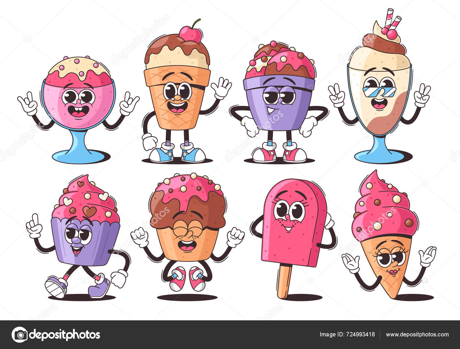 Collection Cute Cartoon Ice Cream Cake Characters Smiling Faces ...