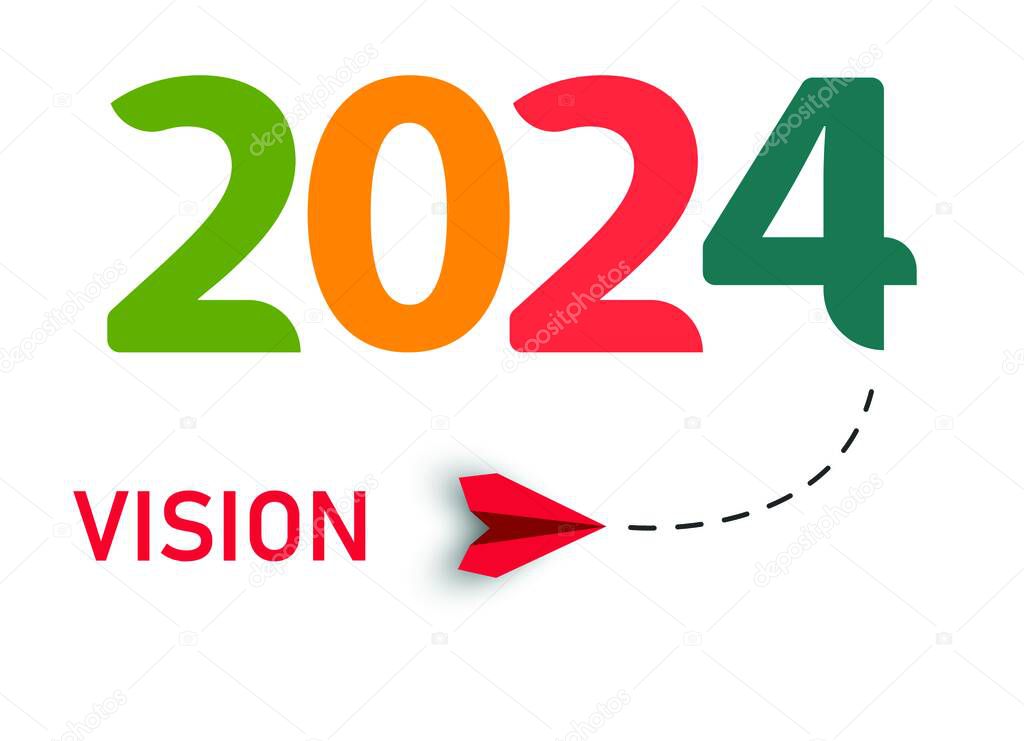 Happy new year 2024. Typography logo 2024 red airplane flying to the ...