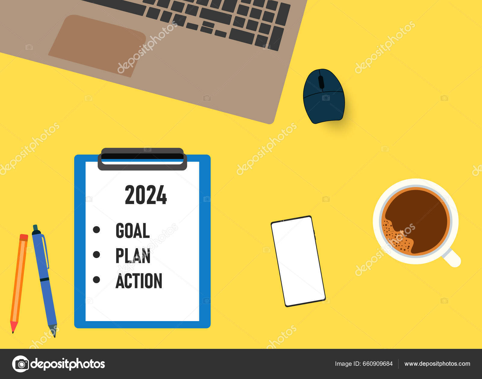 New Year 2024 Target Plan Action Office Accessories Vector Design Stock ...
