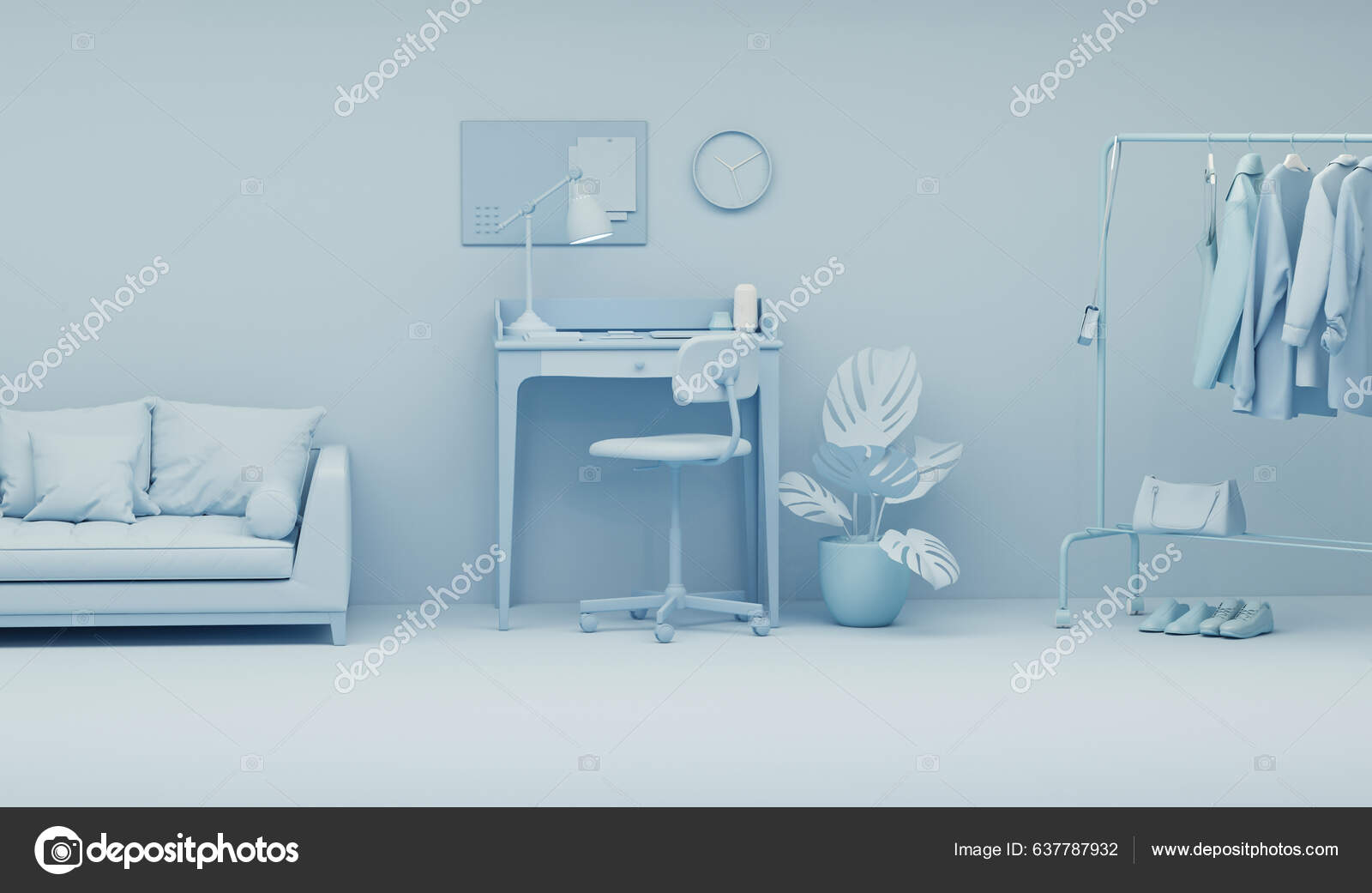 Blue Monochrome Minimal Office Table Desk Clothes Hanging Rack Plants ...