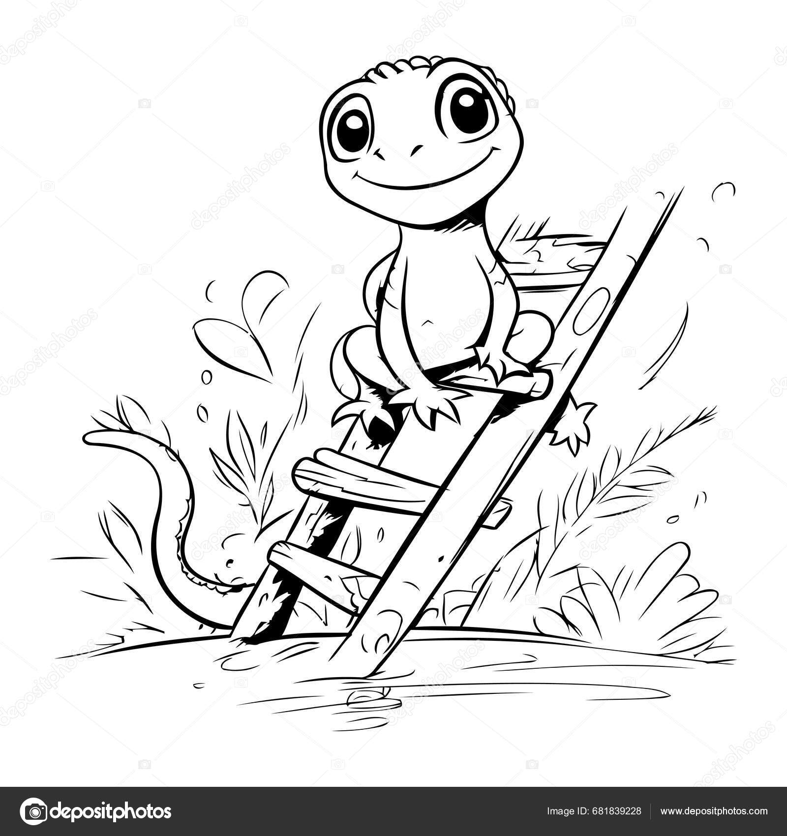 Cute Little Lizard Sitting Wooden Ladder Vector Illustration Stock ...