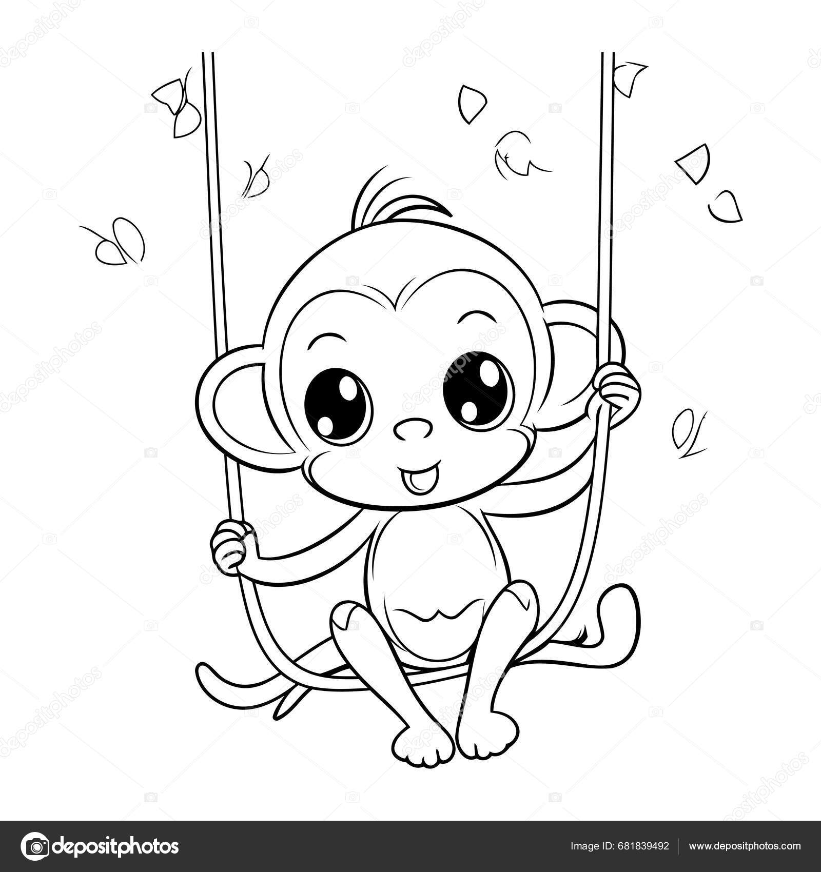 Sød Tegneserie Abe Svinge Gynge Vektorillustration Til Malebog Stock ...