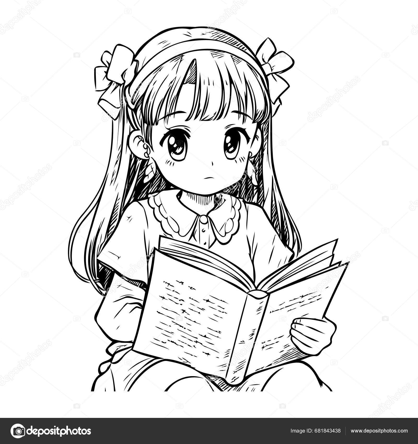 Sød Lille Pige Der Læser Bog Vektorillustration Skitsestil Stock-vektor ...