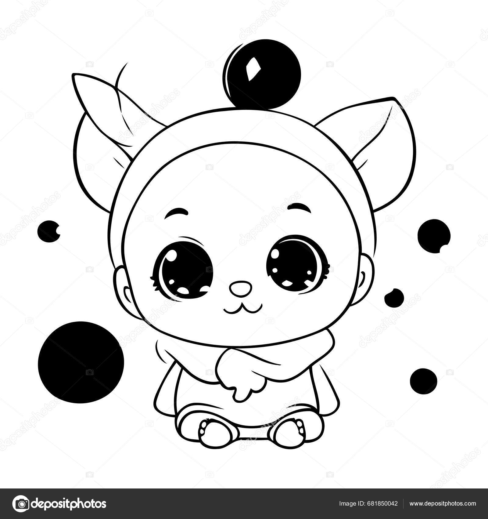 Sød Kawaii Baby Hjort Tegneserie Sort Hvid Vektor Illustration Grafisk ...