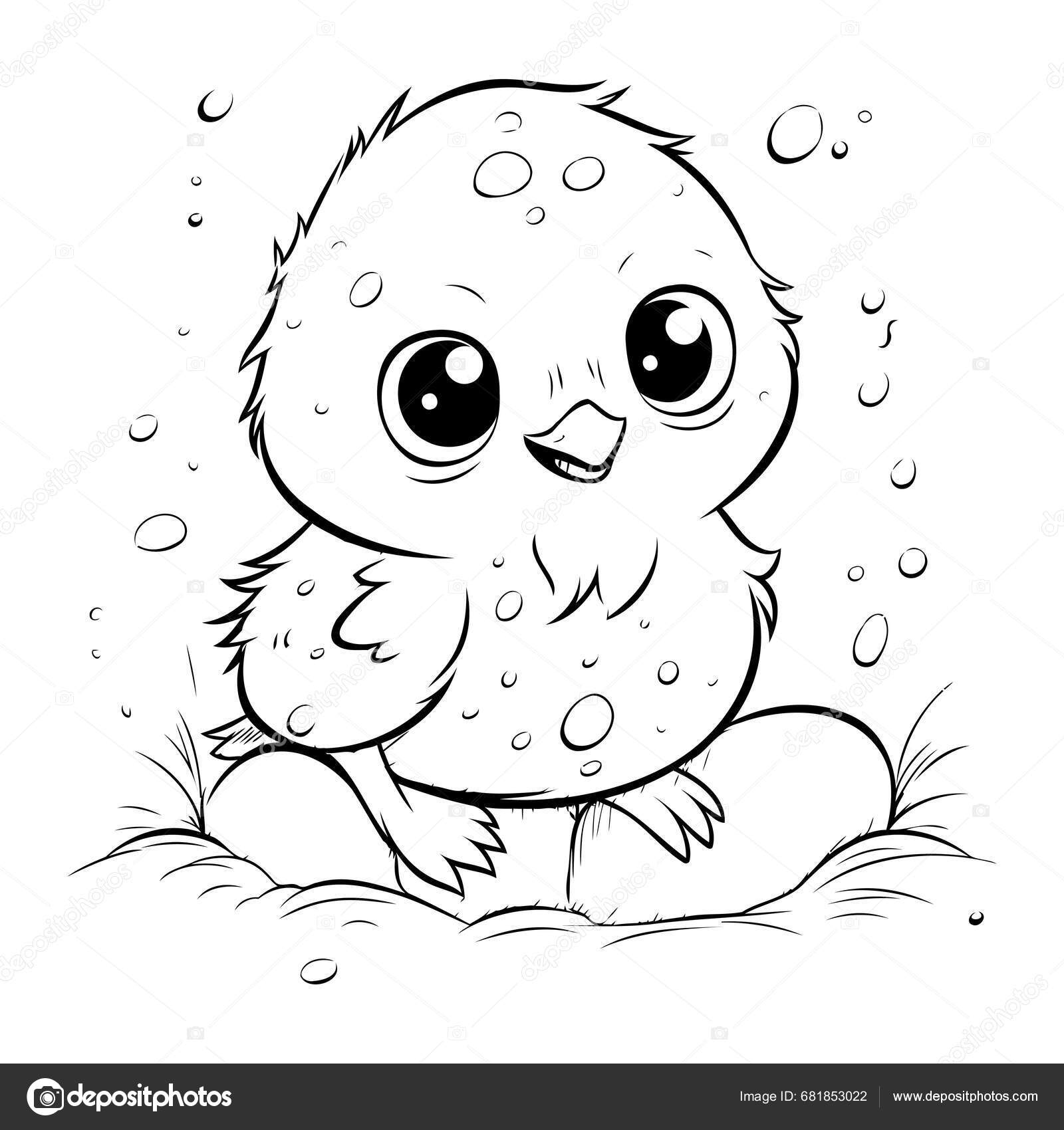 Černobílé Kreslené Ilustrace Roztomilé Baby Kuřátko Sedí Zemi Bublinami ...