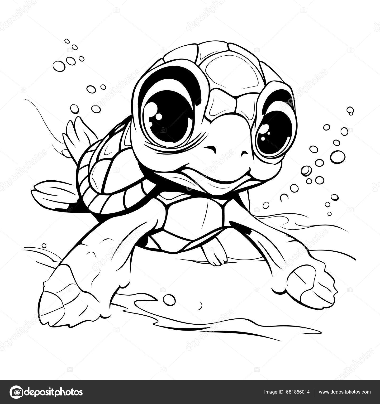 Sød Tegneserie Skildpadde Svømning Havet Sort Hvid Vektor Illustration ...