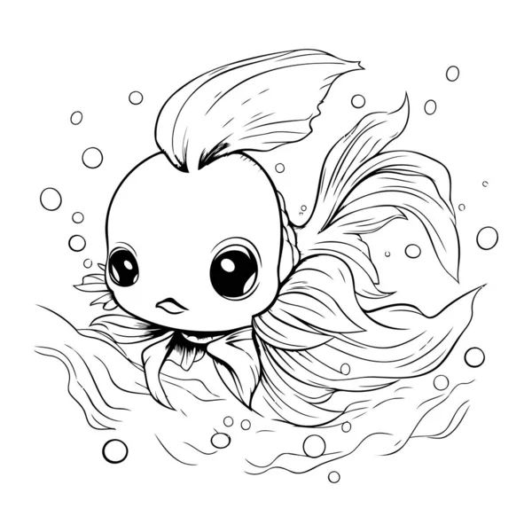 Sød Tegneserie Guldfisk Sort Hvid Vektor Illustration Til Malebog Stock ...