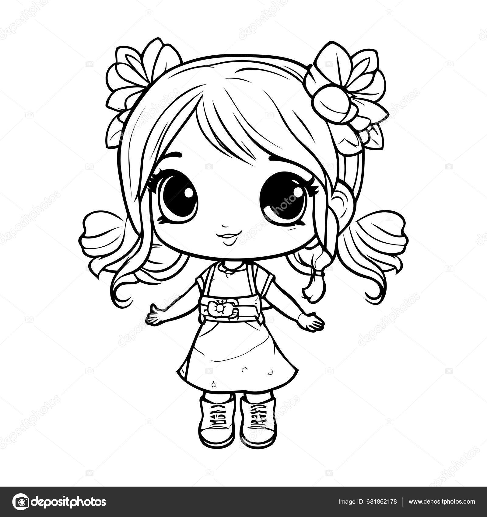 Sød Lille Pige Tegneserie Vektor Illustration Sort Hvid Tegning Stock ...