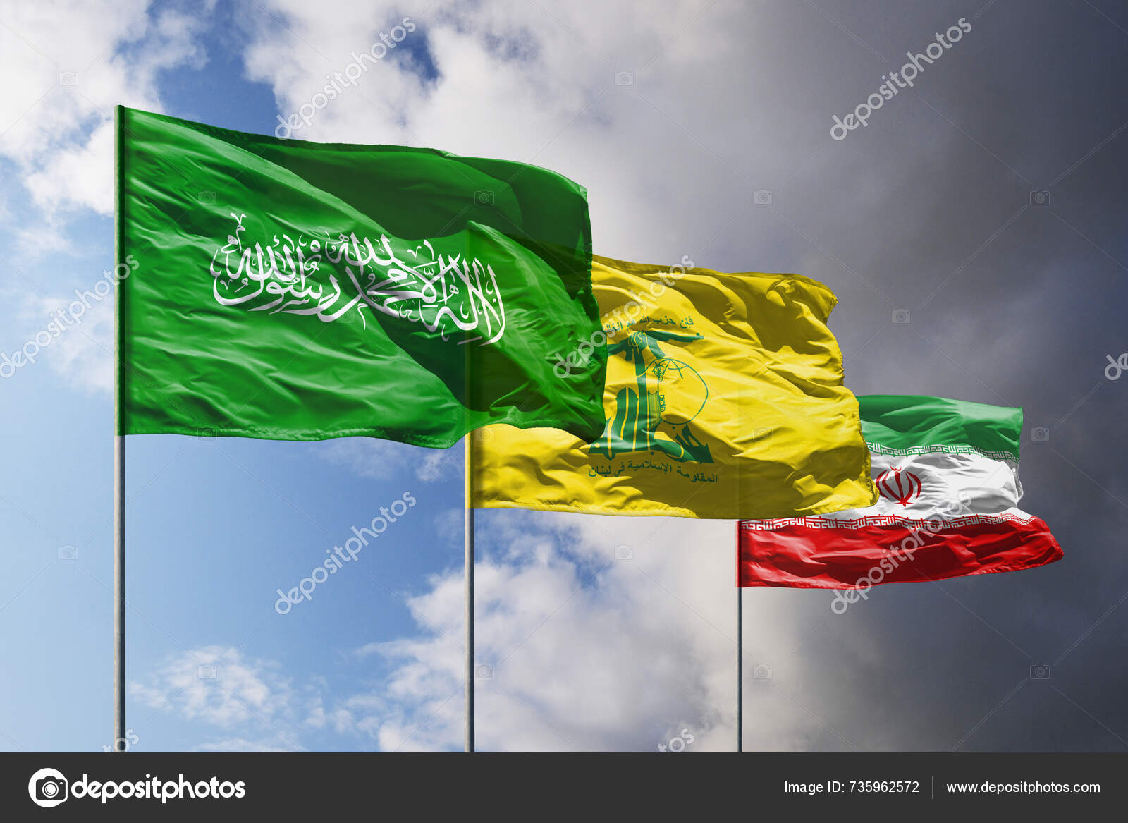 Flags Hamas Hezbollah Iran Dark Sky — Stock Photo © TomasRagina #735962572