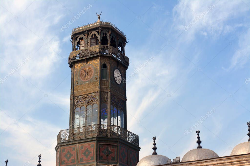 The clock tower of The great mosque of Muhammad Ali Pasha or Alabaster ...