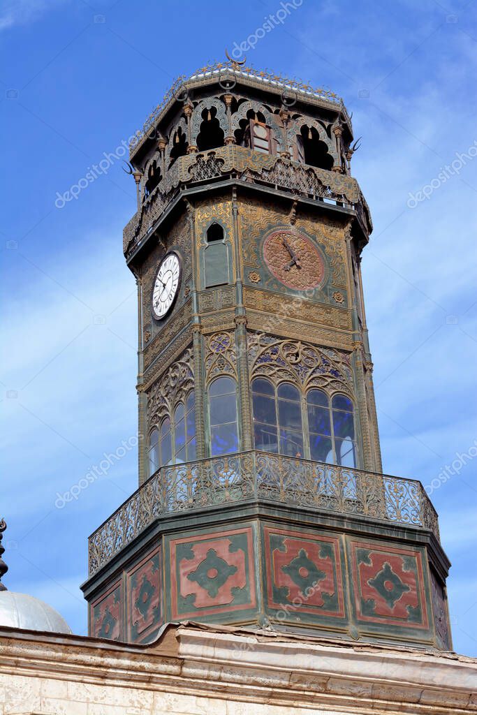 The clock tower of The great mosque of Muhammad Ali Pasha or Alabaster ...
