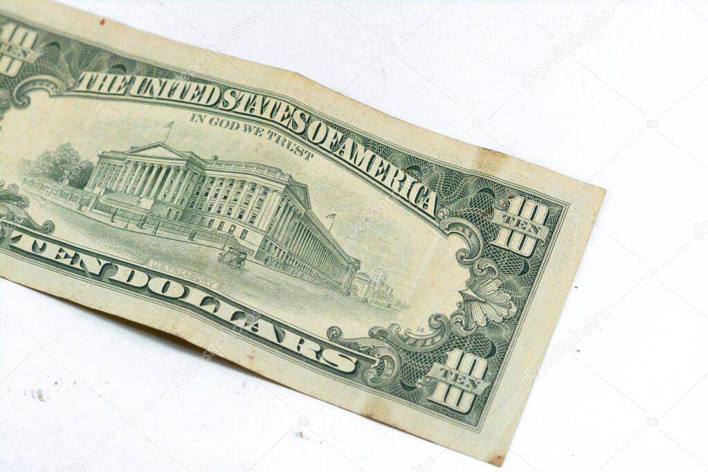 The reverse side of old 10 $ ten American dollars bill banknote series ...