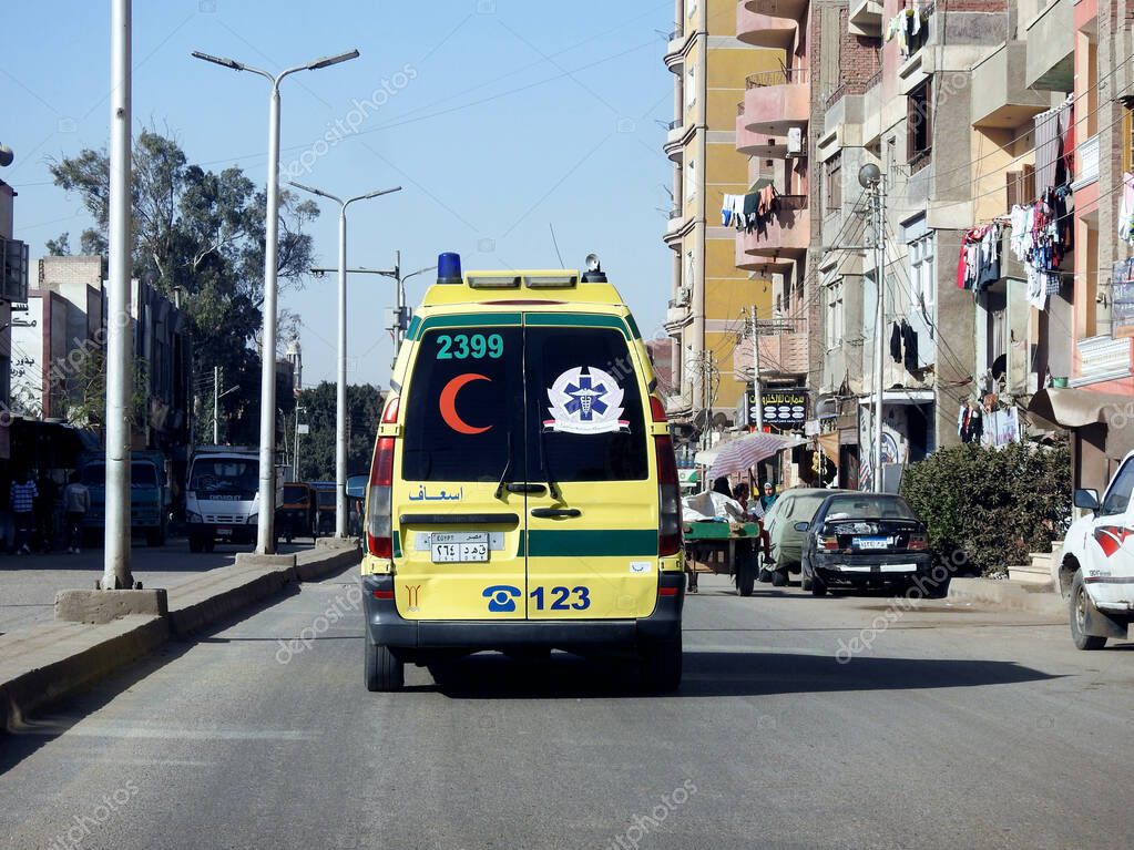 Giza, Egypt, January 26 2023: Ambulance on road responding for an ...