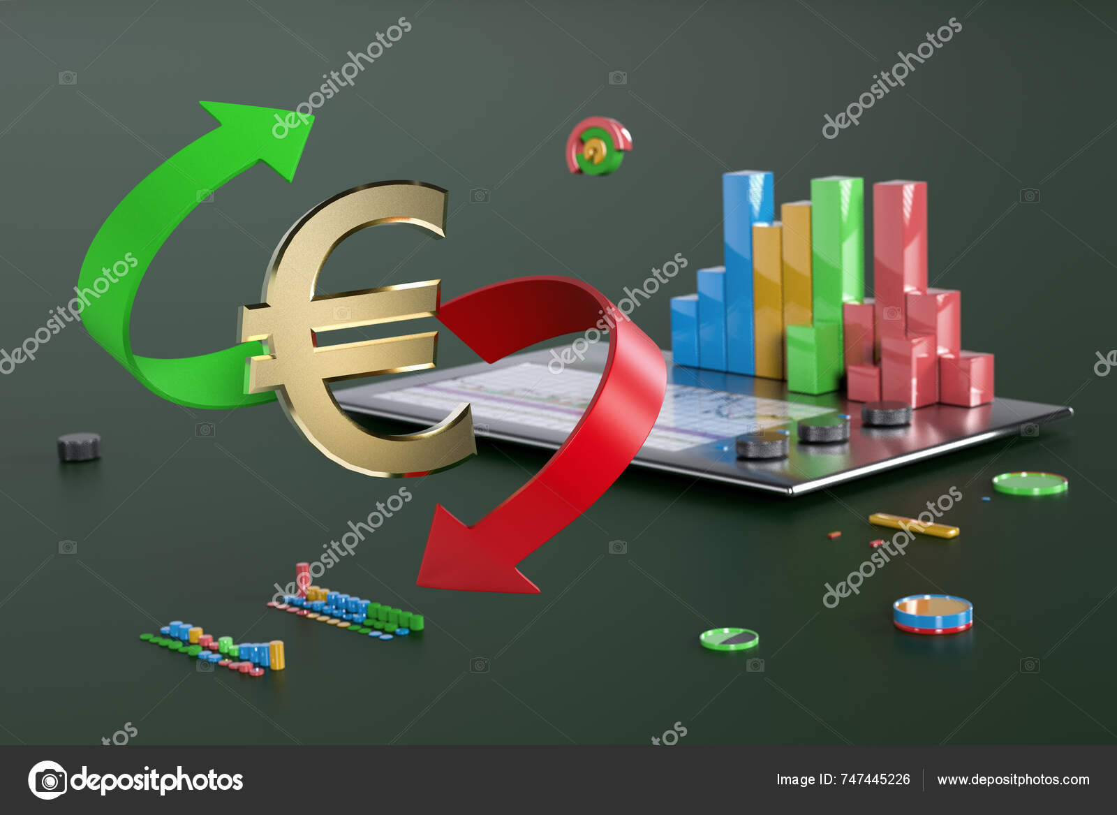 Euro Symbol Surrounded Two Arrows Green Red Abstract Shapes Charts ...