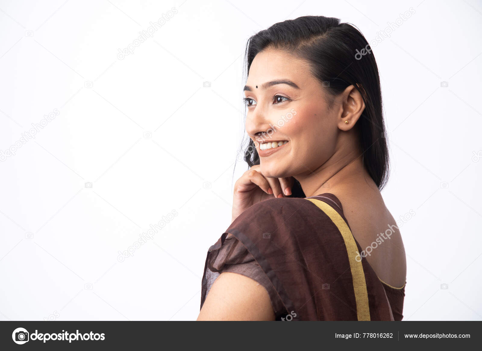 Beautiful Model Saree Smiling While Standing White Background — Stock ...