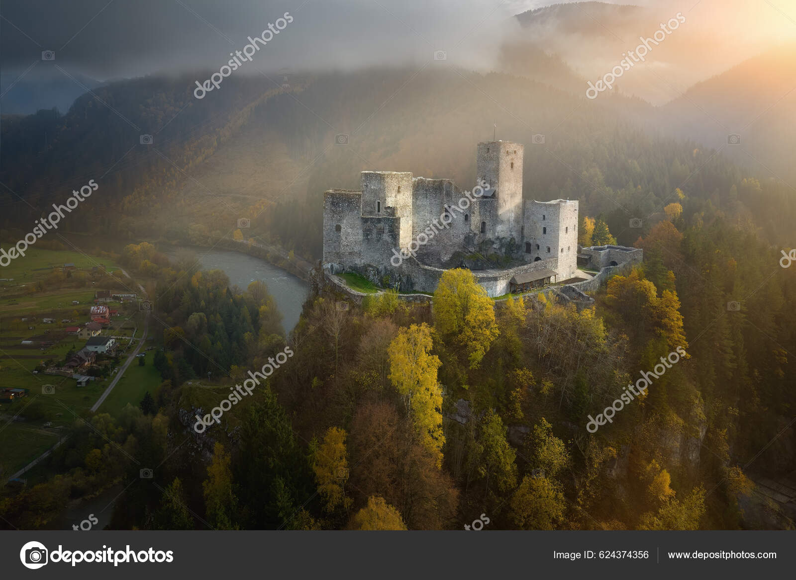 Aerial View Strecno Castle Medieval Castle Standing High Calcite Cliff ...