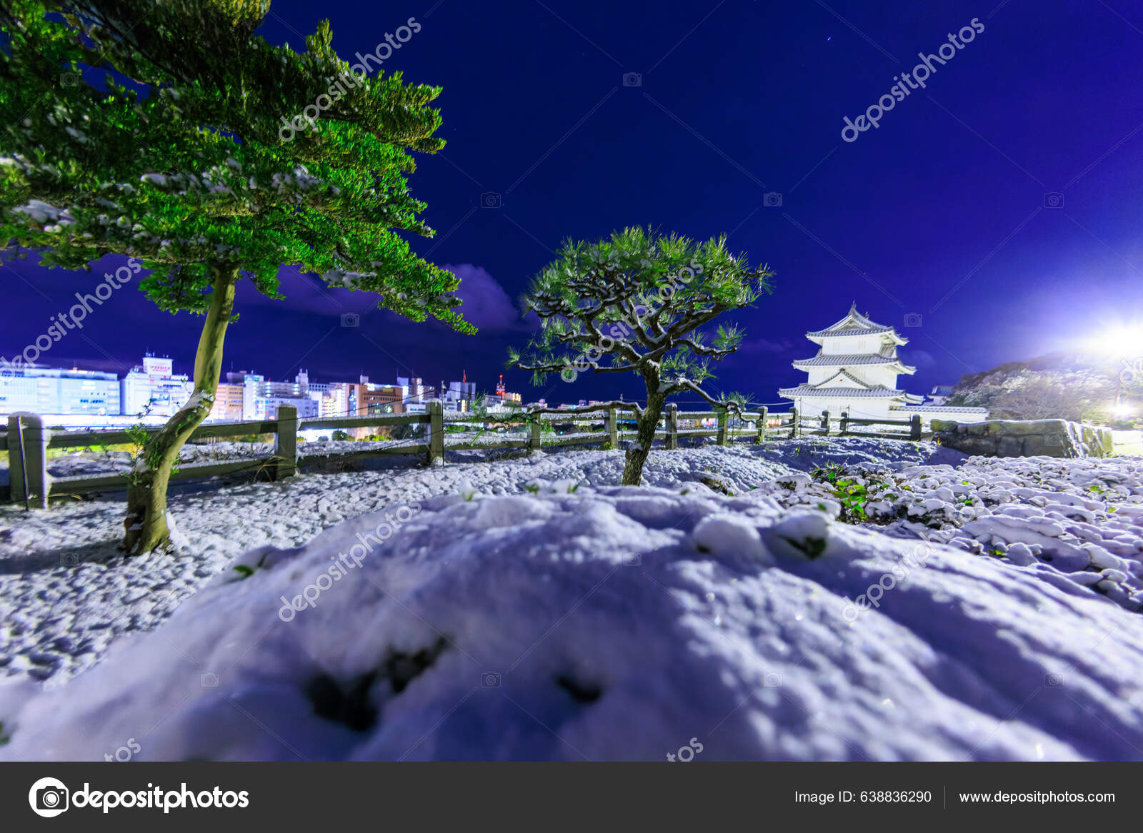 Snow Covered Landscape Japanese Castle Modern City Night High Quality ...