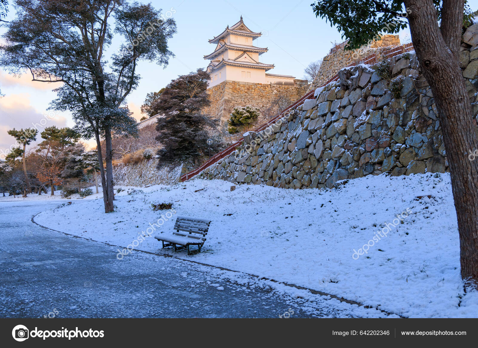 Historic Japanese Castle Towers Snow Covered Bench Path Park High ...