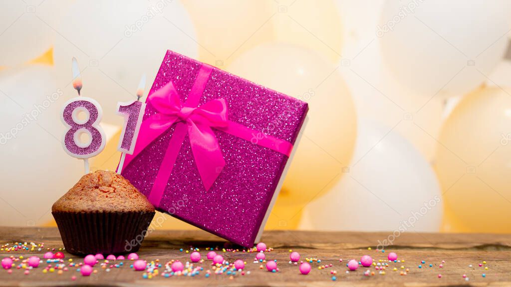 Happy birthday with pink gift box for 81 year old woman. Beautiful ...