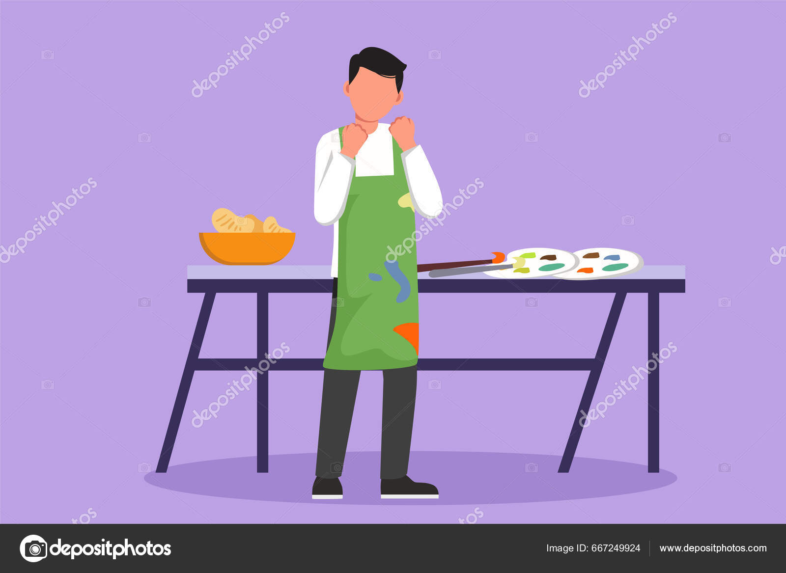 Graphic Flat Design Drawing Painter Standing Celebrate Gesture Table ...
