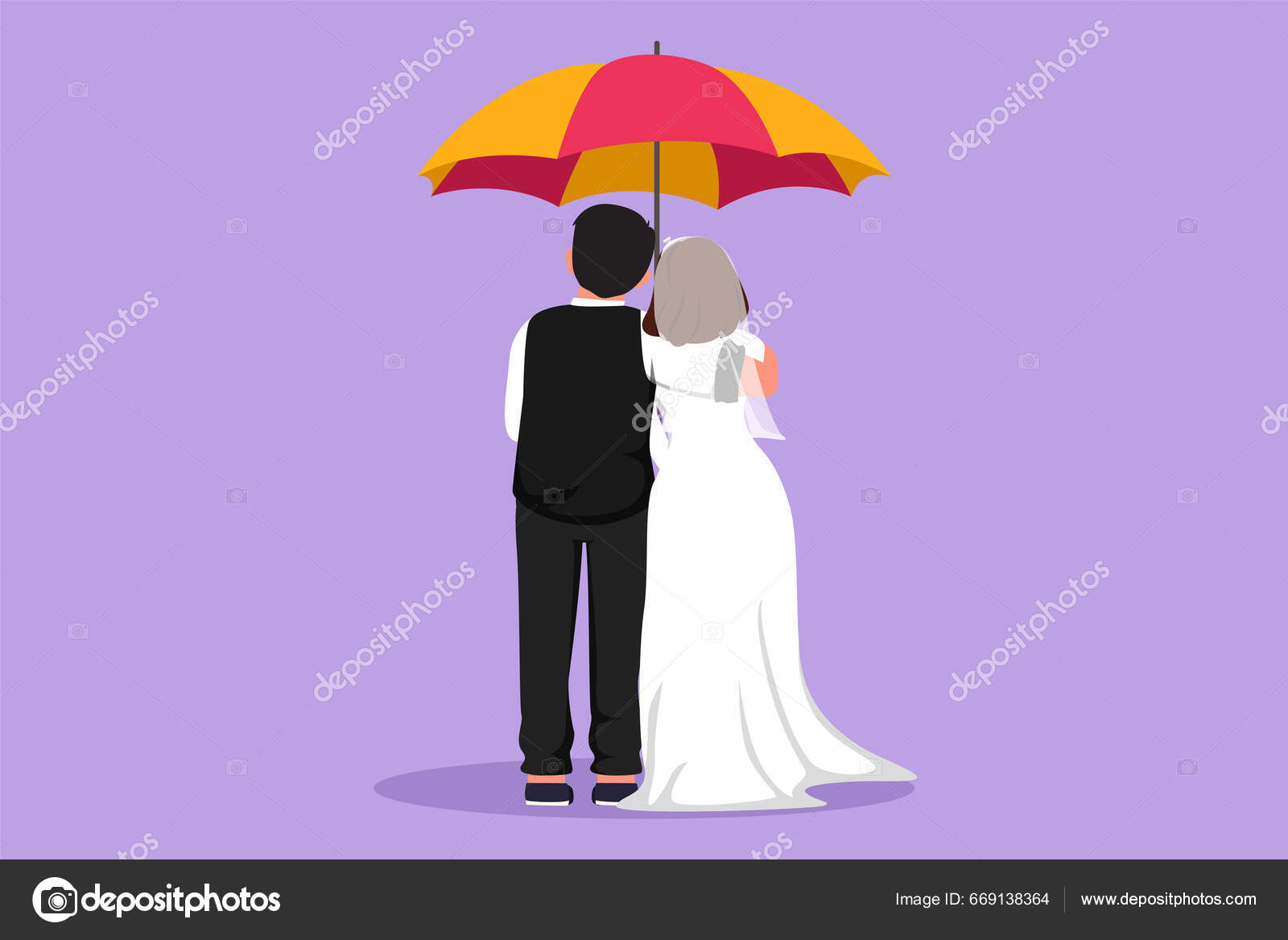 Cartoon Platte Stijl Tekening Achteraanzicht Van Getrouwd Stel Regen ...