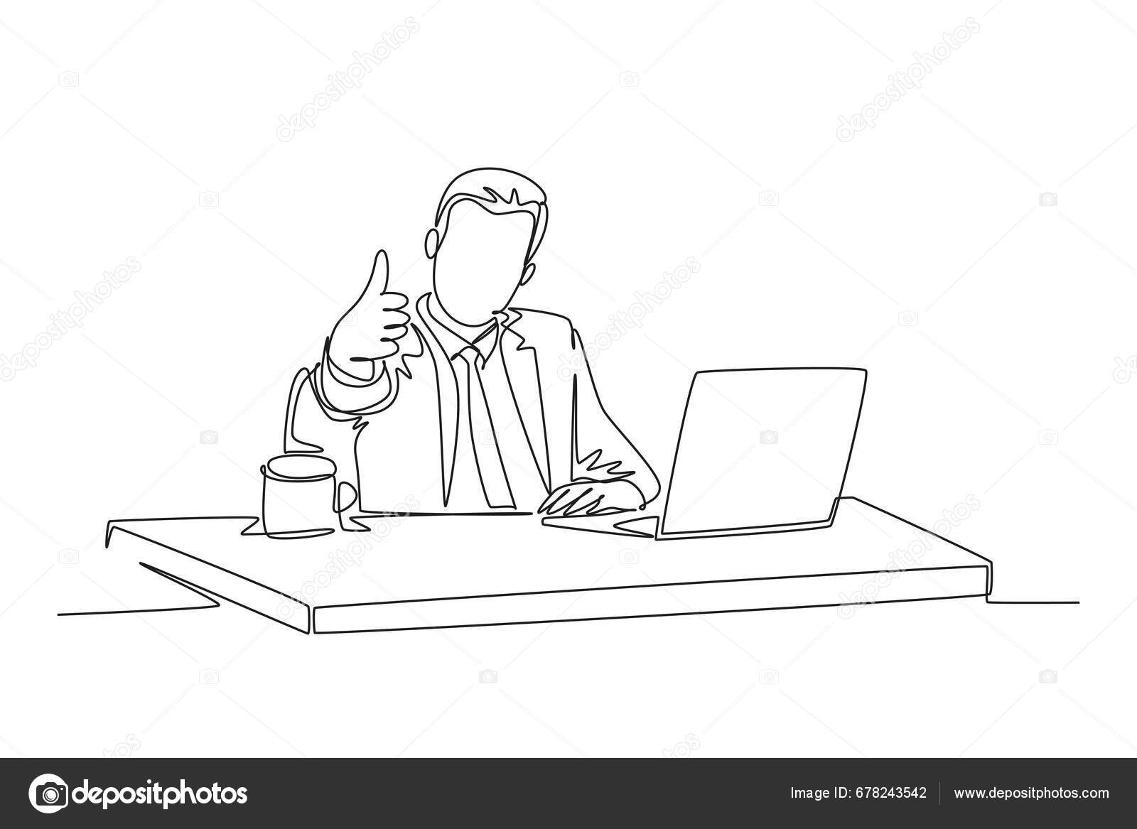 Single One Line Drawing Young Businessman Sitting Chair Front Laptop ...