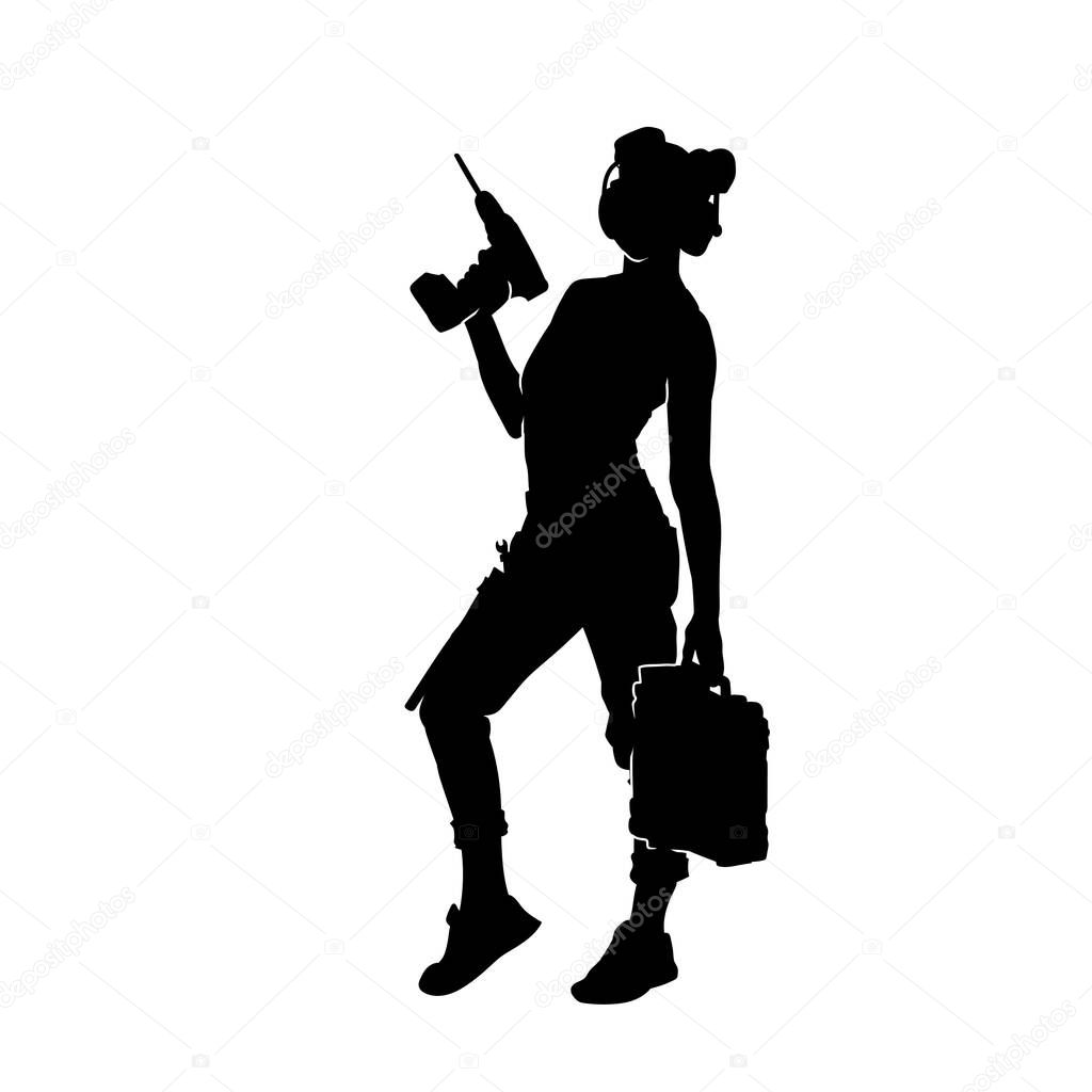 Silueta de una trabajadora de la construcción que lleva la máquina ...