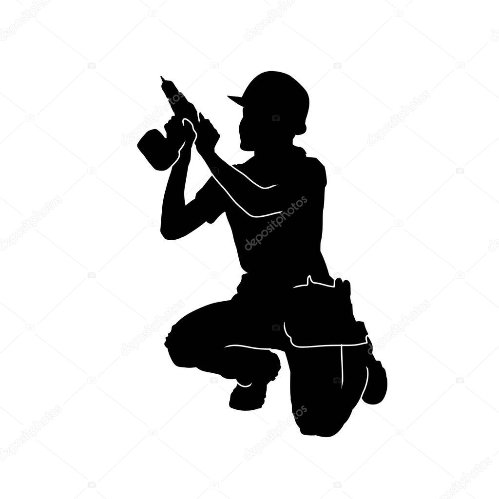 Silueta de una trabajadora de la construcción que lleva la máquina ...