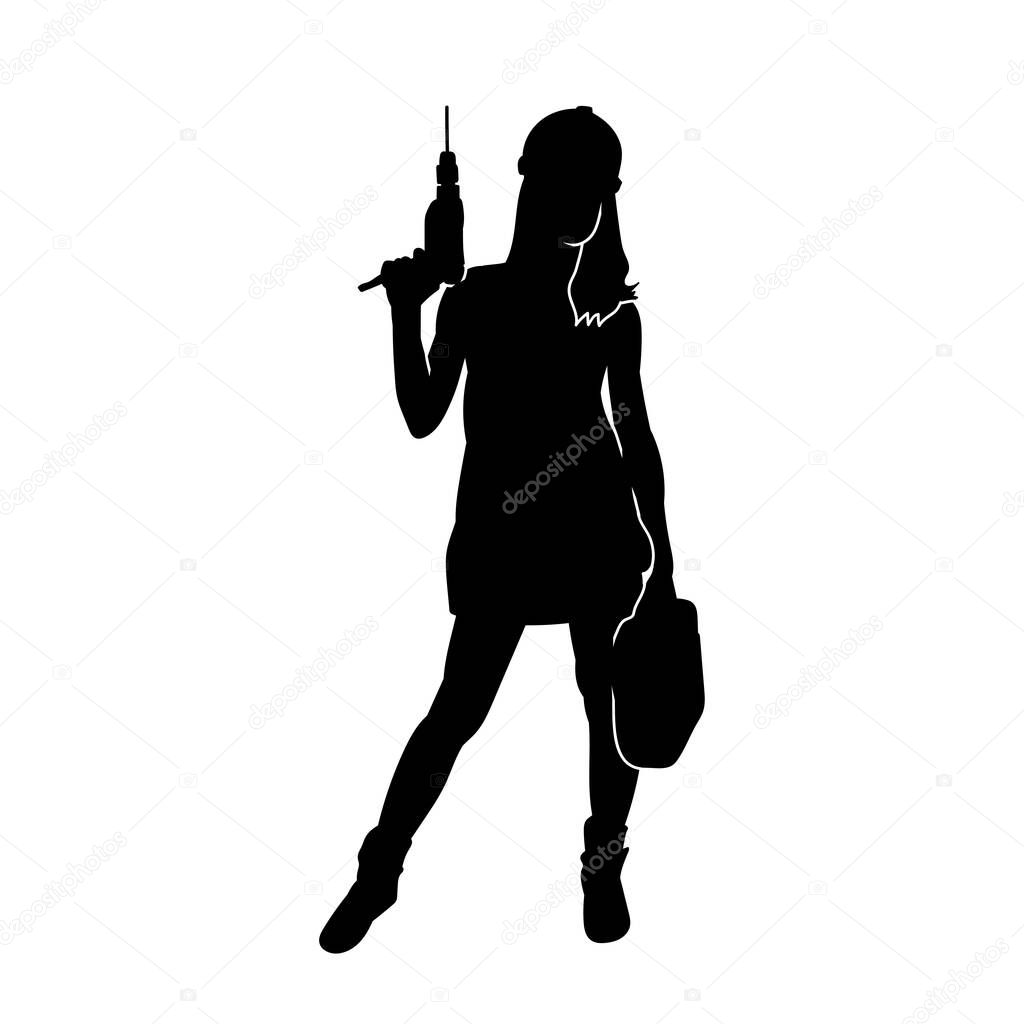 Silueta de una trabajadora de la construcción que lleva la máquina ...